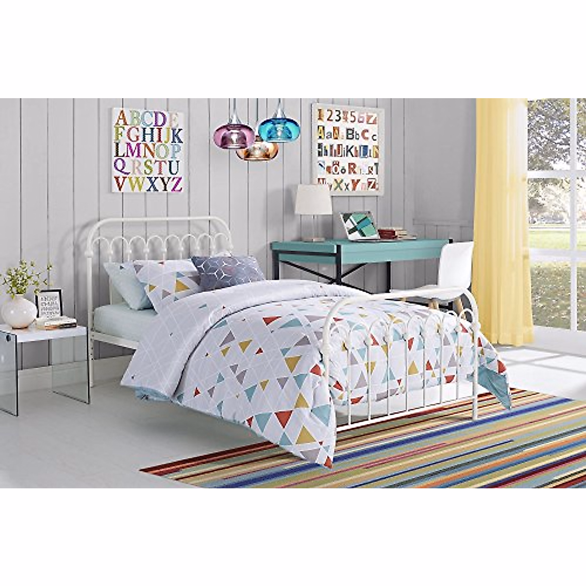 Novogratz Bright Pop Metal Bed, Adjustable Height for Underbed Storage (6.5" or 11"), Metal Slats Included, Twin, White