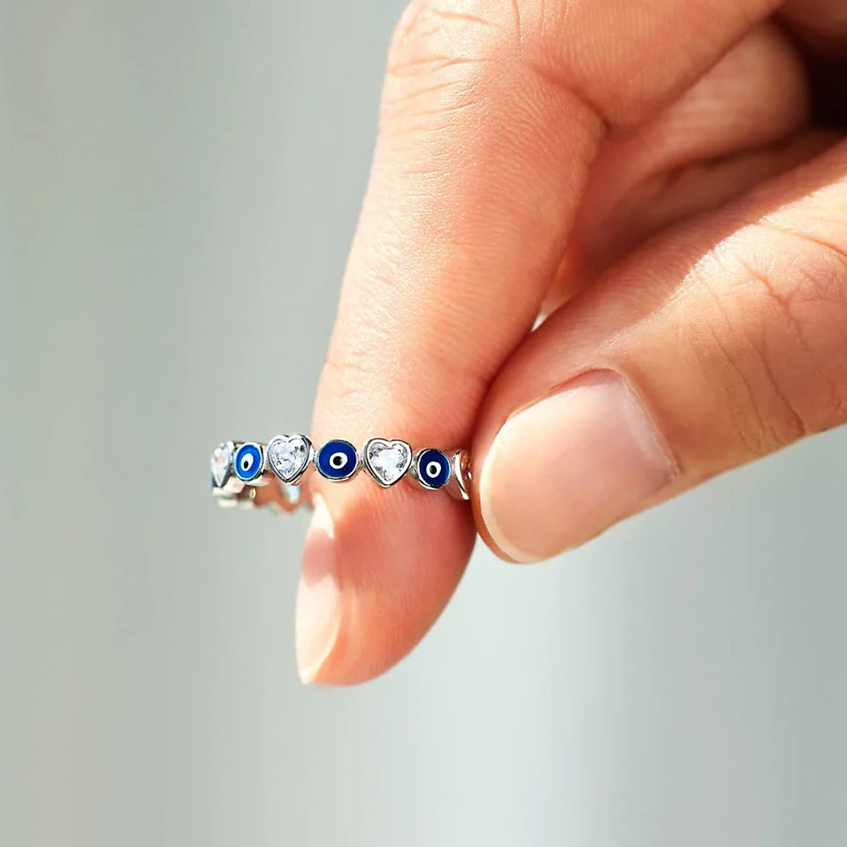 FUNYCHEN Evil Eye Ring for Women Sterling Silver Turkish Evil Eye Ring Bands Dainty Evil Eye Rings Lucky Jewelry Heart Ring Valentine's Day Gift CZs Statement Ring US Size 5-10 (Silver, 6)