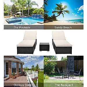 SLEERWAY Outdoor Rattan Chaise Lounge Set with Side Table, Patio Furniture Set Reclining Chair with Cushions and Adjustable Backrest, PE Wicker Chairs for Pool, Garden and Seaside (Set of 3)