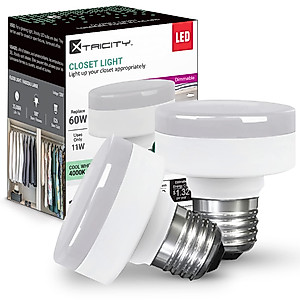 Xtricity LED Closet Low Profile Flat Puck Light Bulb, 11W (60W Eqv) 800 Lumens, 4000K Cool White, Dimmable, E26 Medium Base -120V, UL Listed (2 Pack)