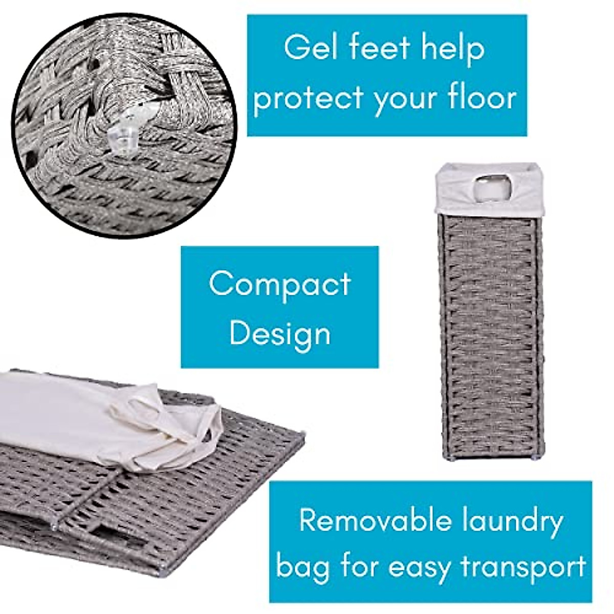 BIRDROCK HOME 22" Slim Laundry Hamper with Removable Liner Bag | Grey | Handwoven | Compact Collapsible Clothes Basket | Synthetic PE Rattan