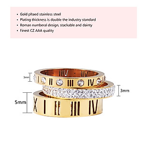 UNAPHYO Roman Numeral Stackable Rings for Women 3pcs Set Stainless Steel Cubic Zirconia Engagement Wedding Bands Stacking Ring Gold Plated Size 7