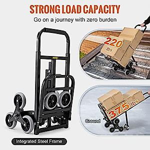 VEVOR Stair Climbing Hand Truck, Heavy-Duty Hand Cart Dolly 375 lbs Load Capacity, Foldable Stair Climber Hand Trucks with Adjustable Handle, All Terrain Cart for Stairs with 10 Wheels