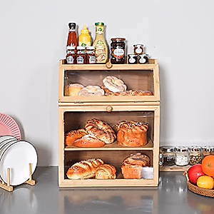 X-cosrack Large Double Separable Bamboo Bread Box Storage with Clear Window and Adjustable Compartment for Kitchen Countertop,Natural