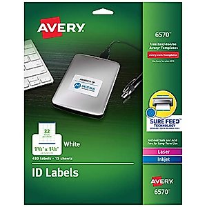 Avery ID Labels, Sure Feed Technology, Permanent Adhesive, 1.25" x 1.75", 480 Labels (6570)