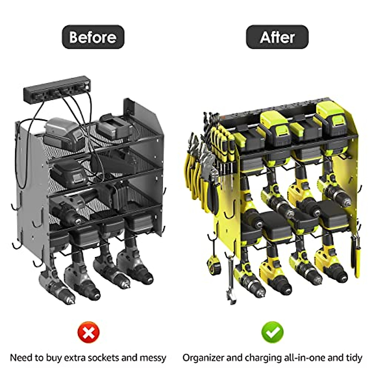 CCCEI Modular 4 Layer Movable Power Tool Organizer with Charging Station. Wall Mount 4 Drill, Tool Battery Holder, Garage Heavy Duty Shelf Rack with Power Strip, Hooks, Screwdriver, Drill Bit Storage