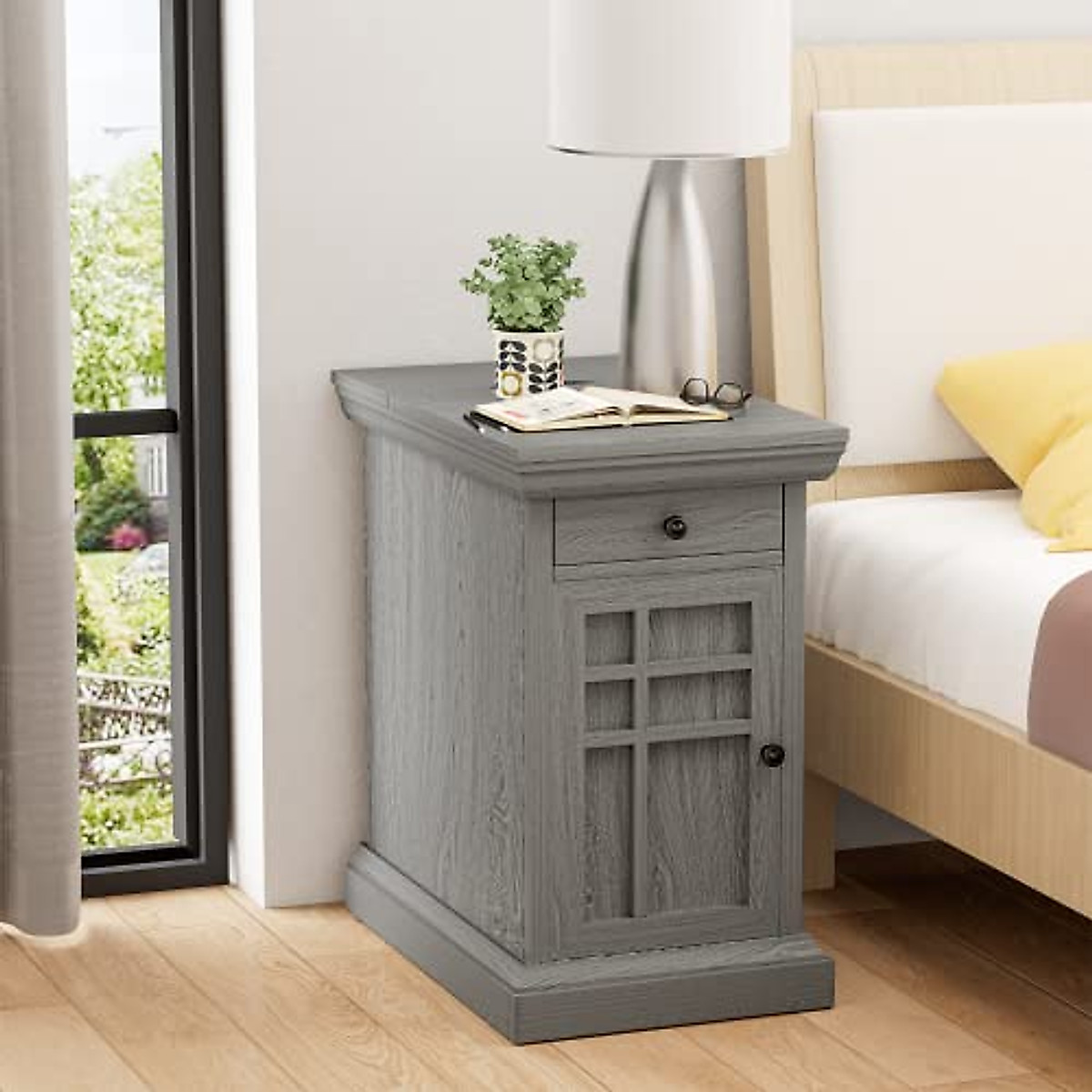 JUMMICO Side Table with Drawer & USB Ports & Power Outlets, End Table with Charging Station, Narrow Nightstand with Shelf for Small Space, Sturdy Storage Cabinet for Living Room Bedroom (Grey)