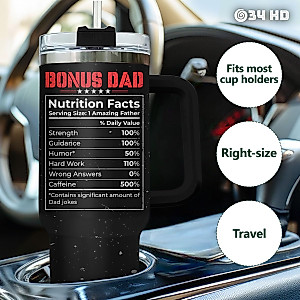 34HD Best Bonus Dad Tumbler with Handle & Straw, 40oz Vacuum Insulated Stepdad Cup with Nutrition Facts, Birthday Christmas Father Day Gifts for Adopted Stepup Dad Chosen Papa Stepfather