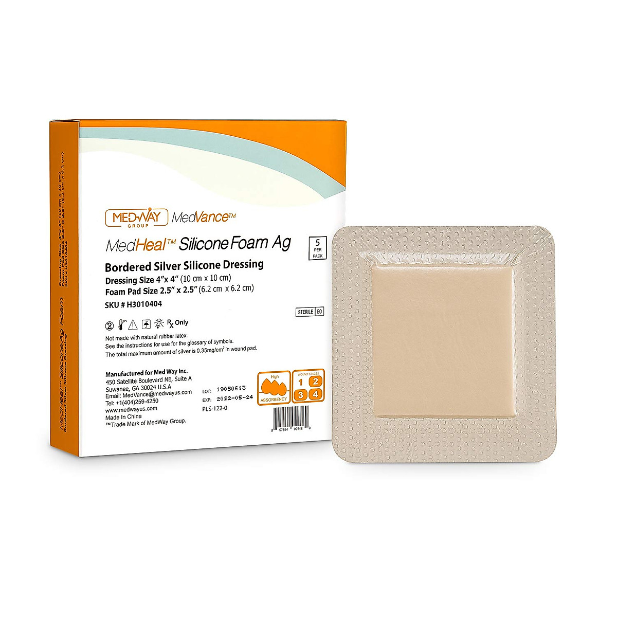 Bordered Silver Silicone Ag Sterile Absorbent Antibacterial Dressing, 4"x 4" (2.5"x 2.5" Pad), 5 dressings/Box, MedHeal by MedvanceTM