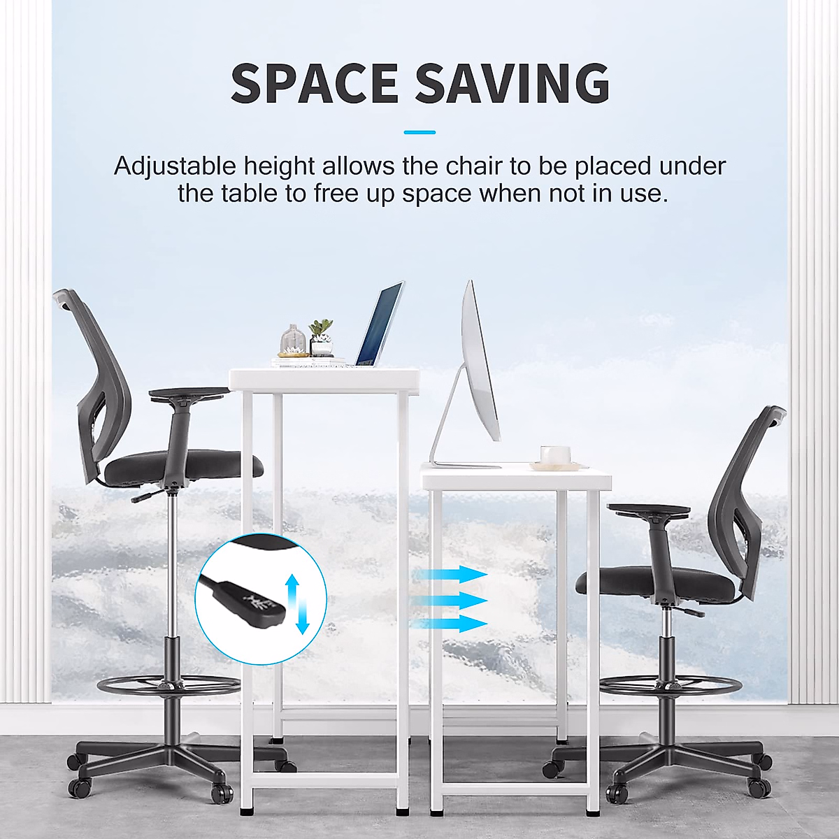 AFO Tall Drafting Chair with Adjustable Foot Ring, Ergonomic Lumbar Supportive Armrest High Resilience Sponge, Breathable Mesh, 360 Degree Swivel Rolling for Standing Desk, Dark Black