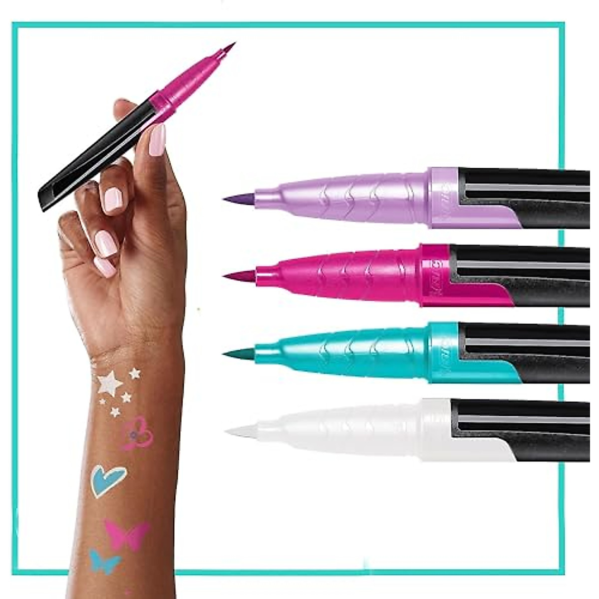 BIC BodyMark Party Pack Temporary Tattoo Marker for Skin, Premium Brush Tip, 4 Count Pack