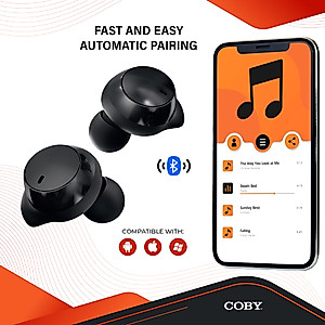 Coby Pro Fitness True Wireless Earbuds w/Charging Case | Sweat Resistant, Noise-Isolation, Auto-Pair, HD Audio, 15-HR Play Bluetooth Fitness Buds | Siri, Google Compatible, Hands-Free Calls (Black)