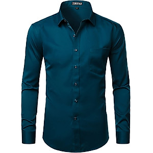 ZEROYAA Men's Business Formal Slim Fit Long Sleeve Button Up Dress Shirts with Pocket ZYSGCL01-Teal Large