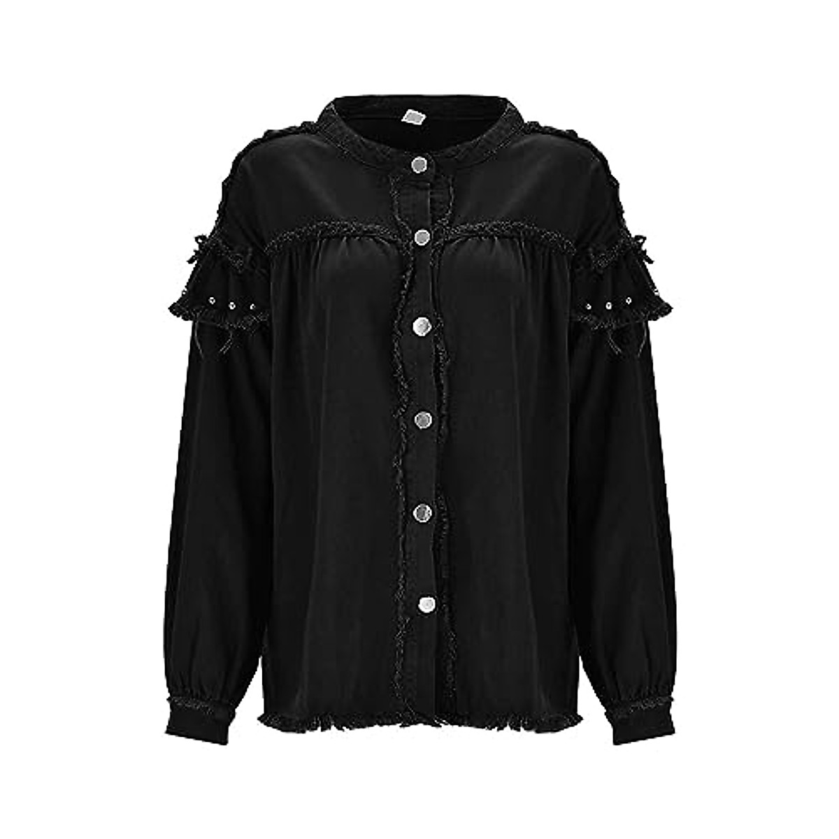 Gerichy Denim Shirt Women Trendy, Denim Shirts for Women Plus Size, Fall Outfits for Women 2023 Trendy, Women's Oversized Denim Jacket Ruffle Sleeve Trendy Denim Shirt Fashion Blouses