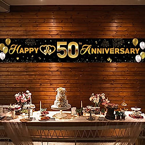 50th Wedding Anniversary Yard Sign Banner Decorations, Golden Happy 50th Anniversary Decorations Backdrop, 50 Years Anniversary Party Supplies Gold for Outdoor Indoor, Sturdy Fabric Vicycaty