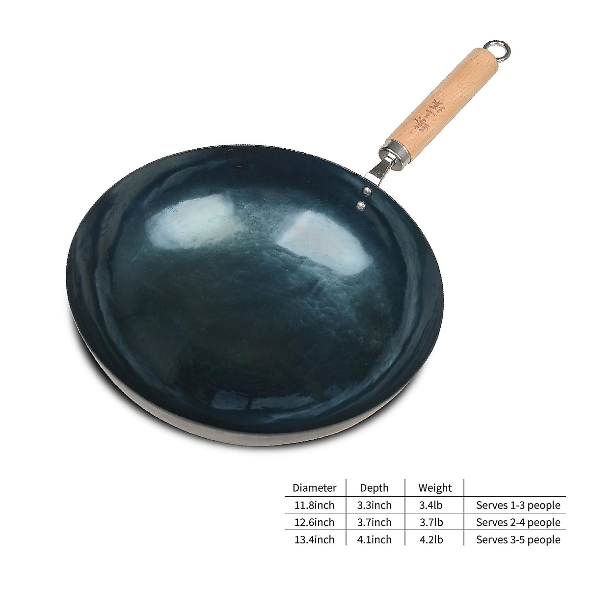 ZhenSanHuan Chinese Hand Hammered Iron Pow Woks and Stir Fry Pans Wooden Handle Round Bottom (30CM, Blue Black -Seasoned)