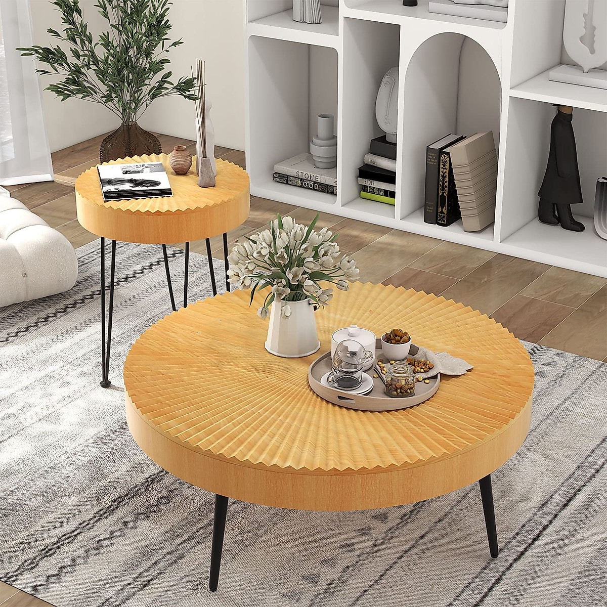 GOFLAME Round Coffee Table Set of 2, Modern Farmhouse End Tables with Natural Finish, Aesthetic Line Design, Solid Wood Nesting Side Tables for Living Room, Bedroom, Easy Assembly