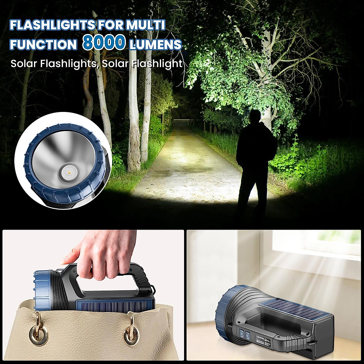 E-SHIDAI Solar Flashlights, Solar Flashlight for Multi Function 8000 Lumens Led Flashlight with Emergency Strobe Light Emergencies, Led High Lumens, USB C and Large Capacity Battery Fast Charging