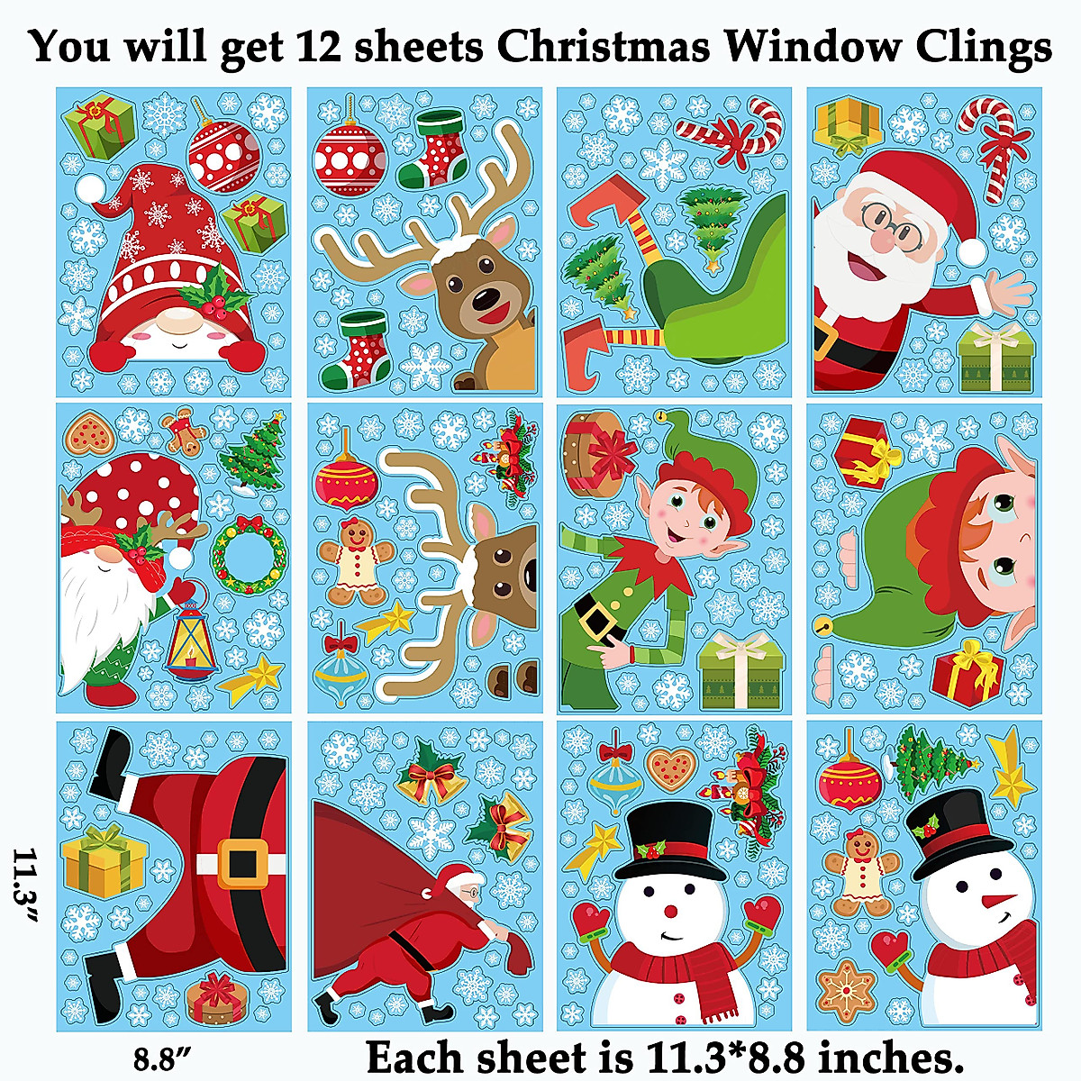 90shine 314PCS Christmas Decorations Window Clings - Xmas Holiday Snowflake Santa Elf Reindeer Gnome Peeking Decals, Winter Wonderland Party Supplies Decor, 12 Sheets