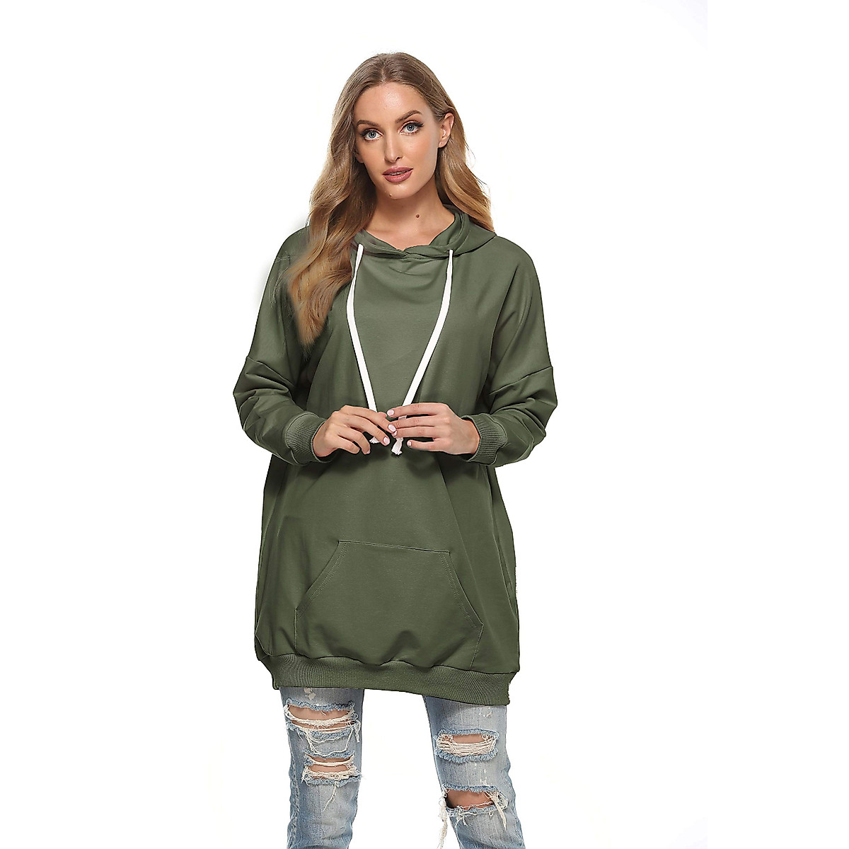 Famulily Womens Tunic Sweatshirts and Hoodies Oversized Drawstring Hood Unique Pullover Tops Army Green X-Large