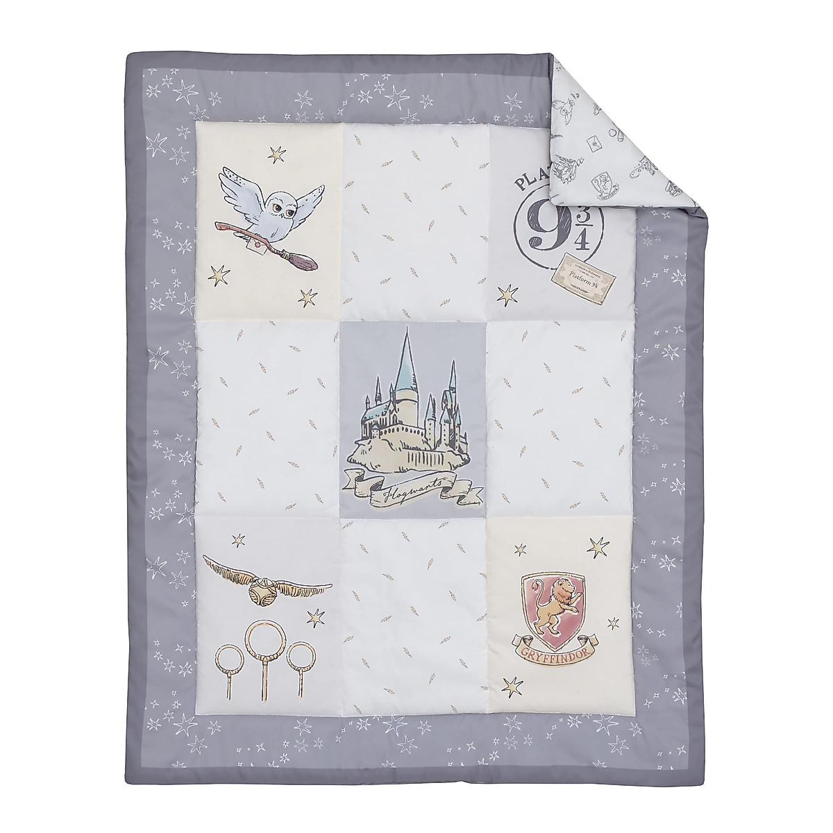 Warner Brothers Harry Potter Magical Moments Grey and White Hogwarts 3 Piece Nursery Mini Crib Bedding Set - Comforter and Two Fitted Mini Crib Sheets