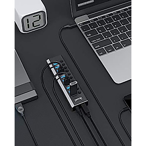 Powered USB Hub 3.0 ikuai Aluminum 10 Port USB 3.0 Data Hub Splitter with 12V/3A 36W Power Adapter and Individual On/Off Switches for Desktop PC Laptop and More