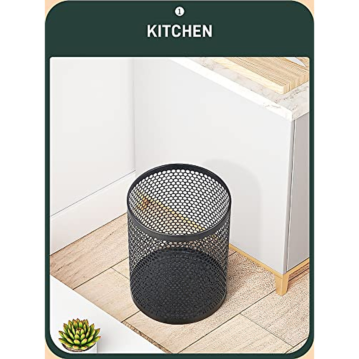 QIBORUN Mesh Wastebasket Round Stainless Steel Trash Can Recycling Bin for Home, Office, Bathroom, Bedroom & Kitchen, 3.5 Gallon / 12L, 11inch Height x 10inch Diameter Garbage Can-Gold