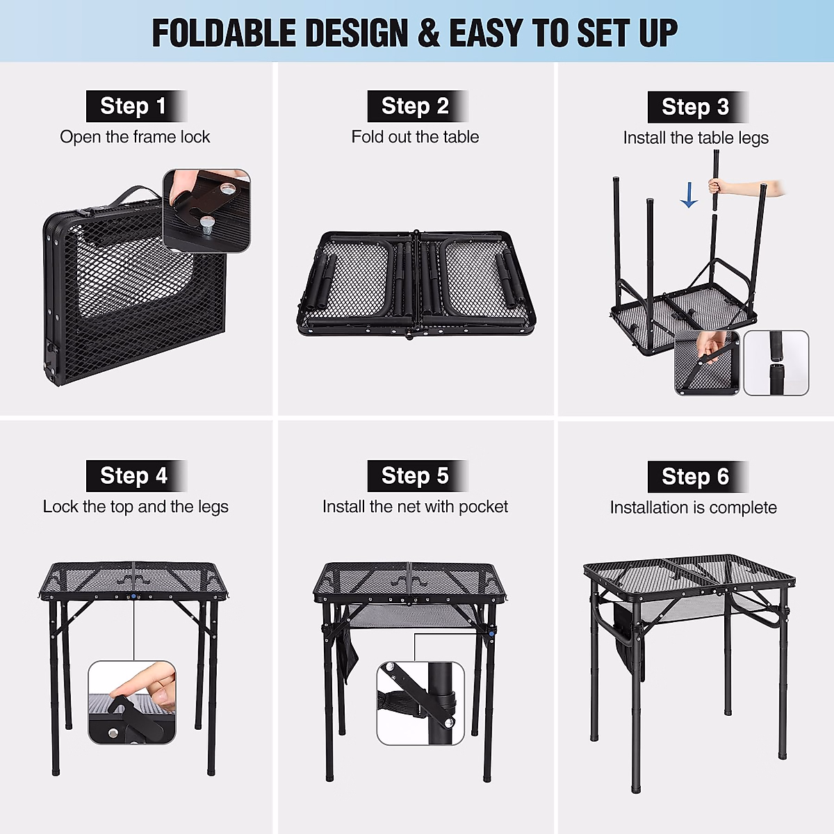 RedSwing Folding Grill Table, Lightweight Height Adjustable Aluminum Table with Mesh Desktop and Mesh Bag for Outdoor Camping Picnic BBQ, Small 2 Feet, Black