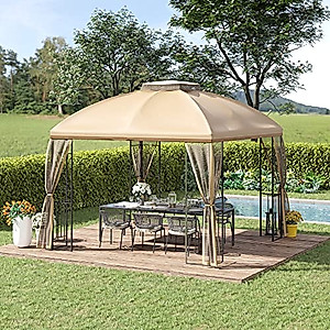 Outsunny 10' x 10' Patio Gazebo with Corner Shelves, Double Roof Outdoor Gazebo Canopy Shelter with Removable Mesh Netting, for Garden, Lawn, Backyard and Deck, Beige