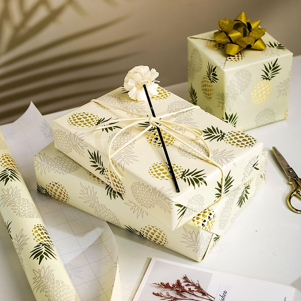 Garbendy Pineapple Wrapping Paper Roll - Gold Foil Design with Cut Lines for Birthdays, Holidays, Weddings, Baby Showers - 17" x33ft