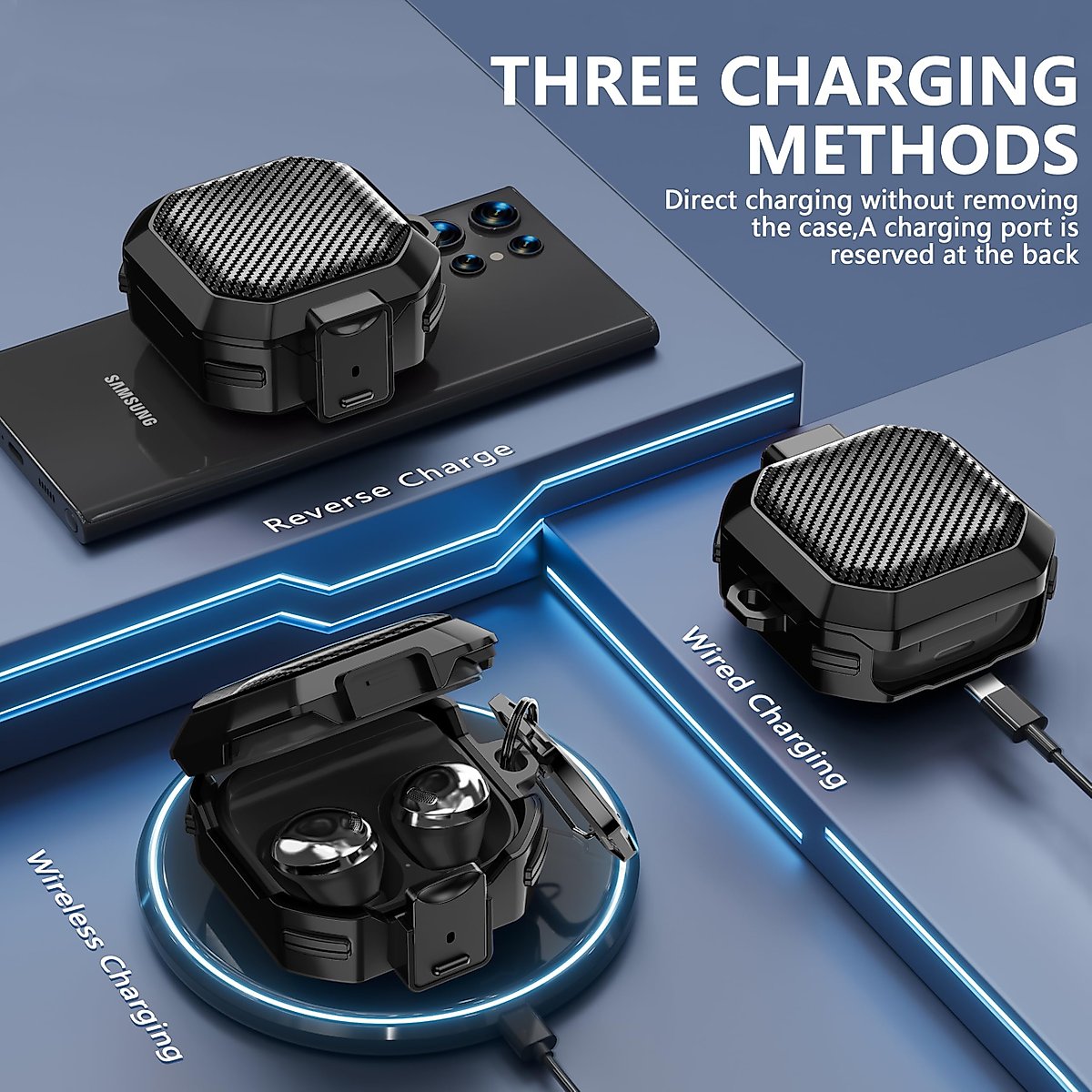 【with Secure Lock】 Case for Samsung Galaxy Buds Pro 2 2022/Galaxy Buds 2 Case/Galaxy Buds Live Case/Galaxy Buds Pro Case/Galaxy Buds FE Case 2023 with Keychain/Zipper Box/Brush - Black