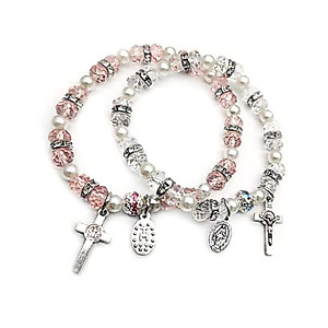 Crystal Cross Bracelet Elastic Beads Stretch Rosary Bracelet with Crucifix and Miraculous Medal for Women