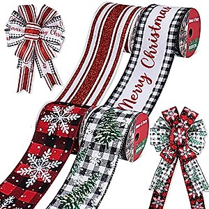 Christmas Ribbon Wired 2.5 Inch x 60Feets (4 Roll x 15Ft),Farmhouse Merry Christmas Red Buffalo Plaid Ribbon with Wire for Wreaths DIY Crafts