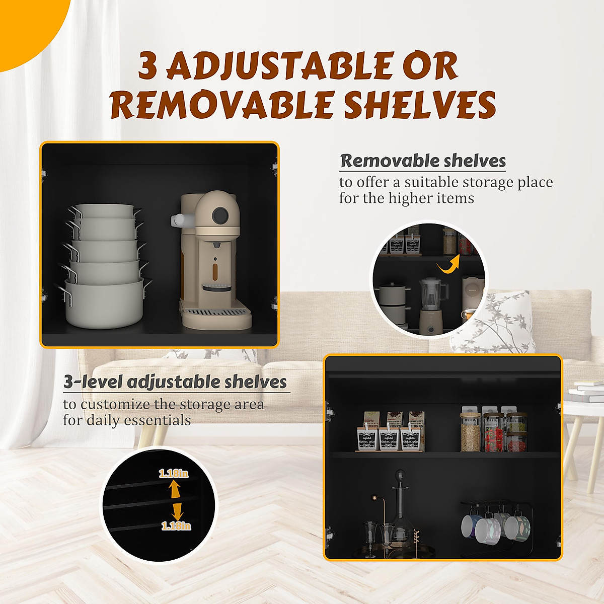 MUPATER 72'' Kitchen Pantry Cabinet Storage Hutch with Microwave Stand, Freestanding Pantry Buffet Cabinet with Adjustable Shelves, Cupboard and Drawer for Home, Black