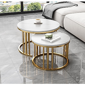 QLJJSD Round Nesting Coffee Table Set of 2 Modern Cocktail Table with Metal Frame for Living Room Small Spaces White and Gold(Desktop Size 28"+20")