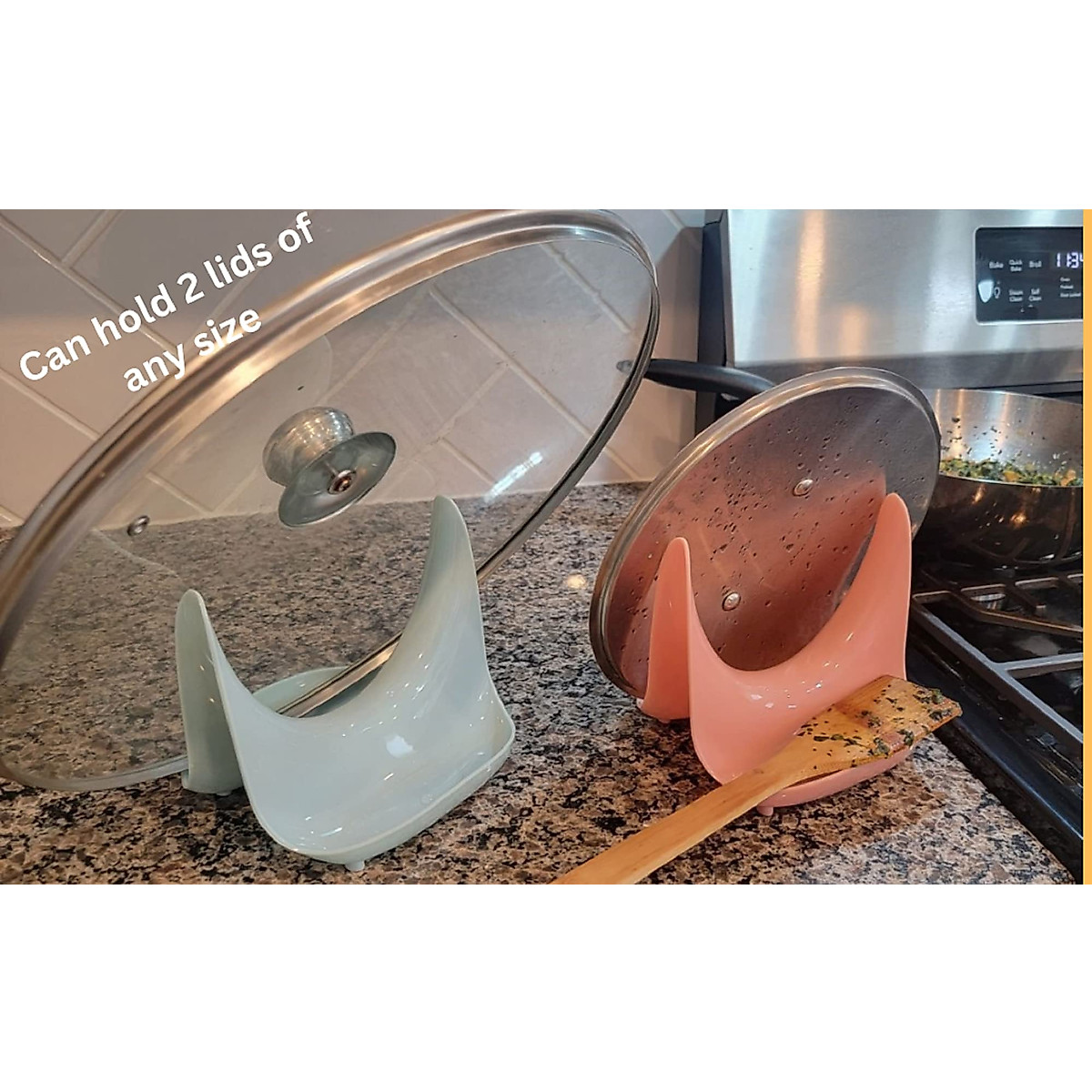2 Pack Non-Skid PP Plastic Pot Lid Stand , Cover Holder Sets Lid Rack, Multifunction 2 Side Pot Lid Holder , Pot Lid Stand for Home Kitchen, Holds 2 lids of any size or can be used as spoon rest