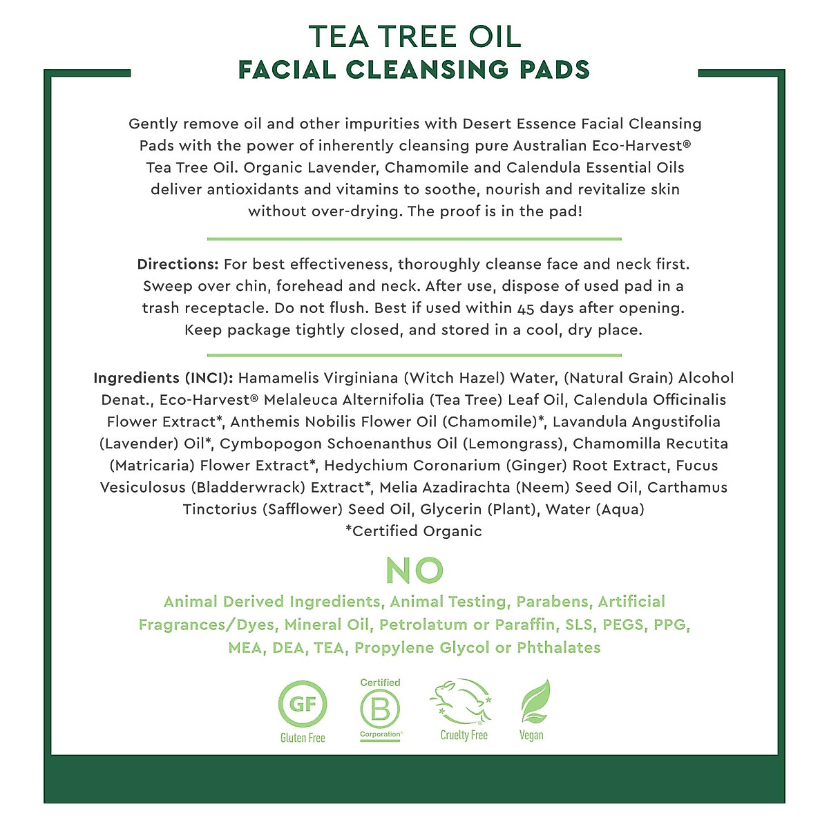 Desert Essence Tea Tree Oil Facial Cleansing Pads - Makeup Remover, Facial Cleanser & Toner with Organic Lavender & Chamomile - Travel-Friendly Personal Wipes for Clarifying Skin Care - 50 Pads