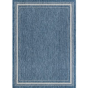 Unique Loom Outdoor Border Collection Transitional Indoor & Outdoor Casual Solid Tonal Border Area Rug (10' 0 x 14' 0 Rectangular, Blue/ Beige)