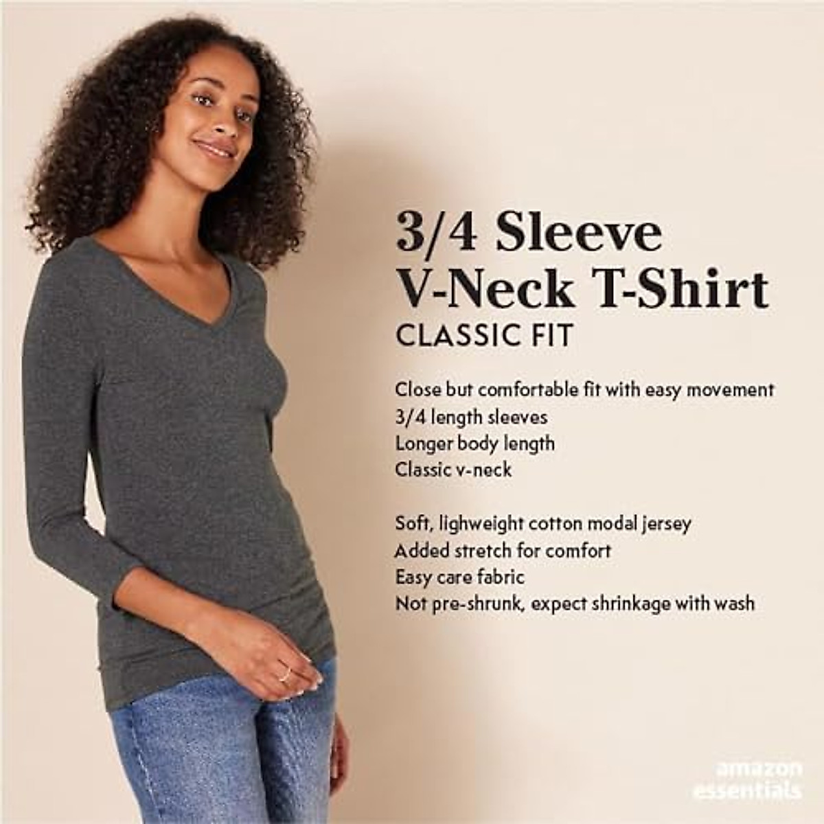 Amazon Essentials Women's Classic-Fit 3/4 Sleeve V-Neck T-Shirt (Available in Plus Size), Charcoal Heather, Medium