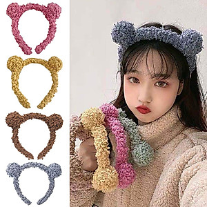 Fiarfiar Women Girls Winter Cute Bear Ears Headband Solid Color Curly Faux Fleece Hair Hoop Wash Face Makeup Bathroom Bandana Party Photo Props