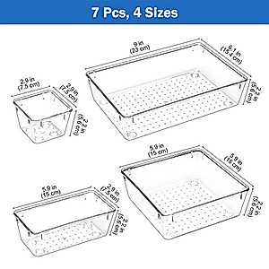 Puricon 7 Pcs Desk Drawer Organizers Trays Set Clear Plastic Storage Bins Bathroom Drawer Tray Dividers Vanity Trays Organizer for Bedroom Dresser Makeup Kitchen Utensil Office