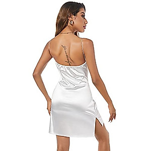 ZAFUL Women's Casual Satin Dress Spaghetti Strap Cowl Neck Slips Nightwear Side Slit Cocktail Party Silk Mini Cami Dresses (A-f White,M)