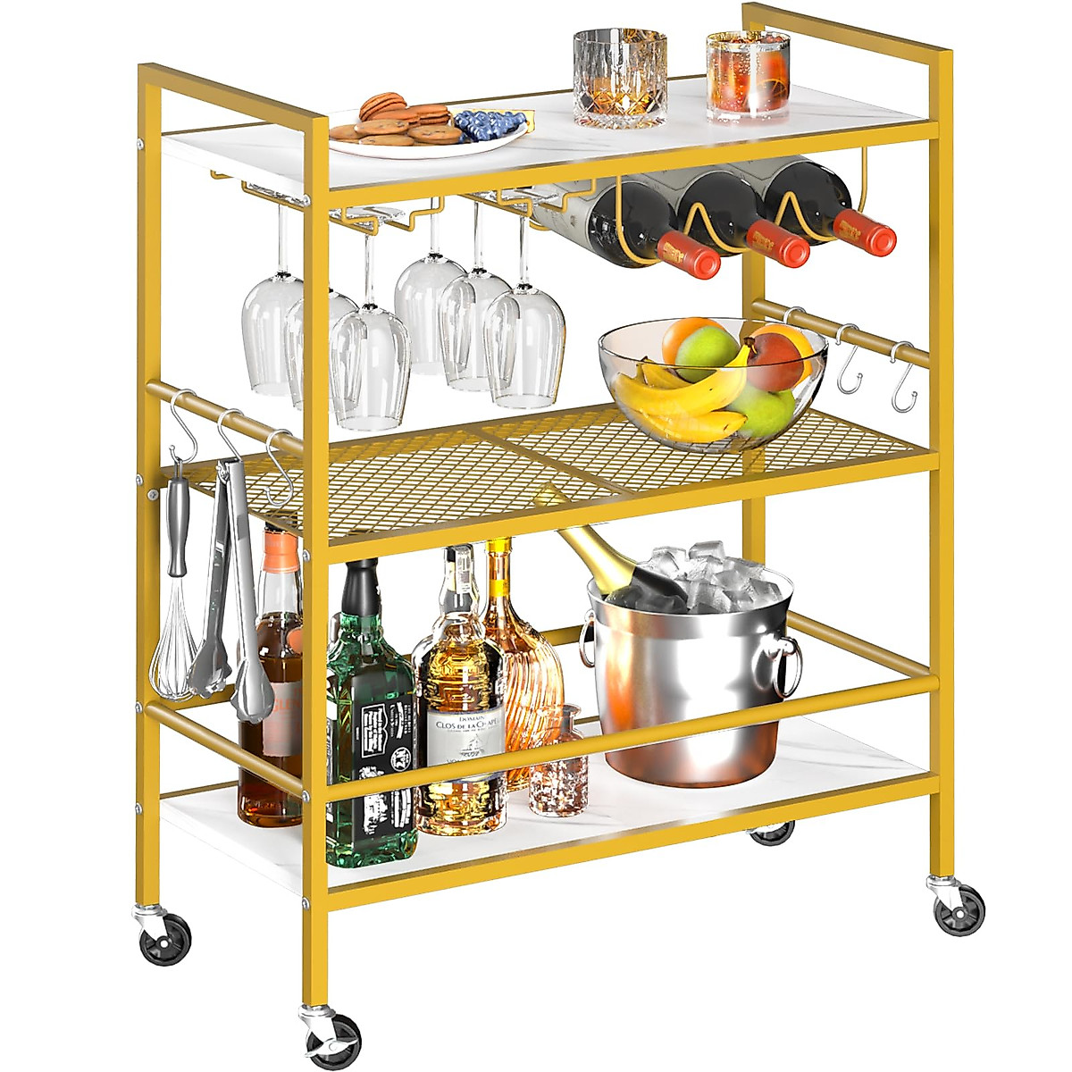 Yoobure Bar Cart with Wheels, Bar Carts for The Home, 3-Tier Rolling Kitchen Cart with Wine Rack and Glass Holder, Home Bar & Serving Carts with Hooks Wine Cart Microwave Cart for Kitchen Living Room