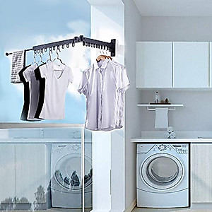 MYOYAY Wall Mounted Folding Clothes Hanger Space-Saver, Indoor/Outdoor Adjustable Clothes Drying Rack, 220 LBS Retractable Dry Coat Hanger for Laundry Room, Storage Organiser Instant Closet,Black