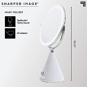 Sharper Image SpaStudio Vanity Sound, 9-Inch LED Mirror with Built-in Speaker, Wireless Bluetooth Audio, Touch-Activated Brightness Controls, Dimmable Halo Light Ring, 5X and 10X Magnification