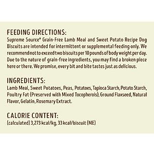 Supreme Source Grain Free Protein Dog Biscuits, Lamb Meal & Sweet Potato Recipe, 1 Pound Bag