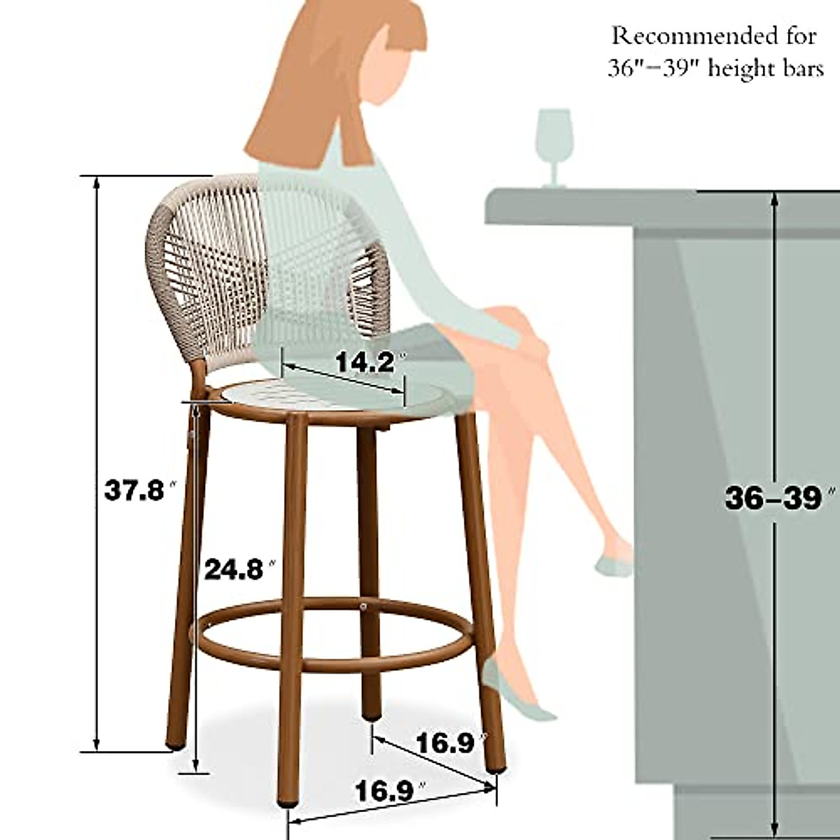 PURPLE LEAF Outdoor Counter Height Barstools Set Bistro Chairs Balcony Metal Seat with Back Aluminum Deck Patio Modern Rattan Wicker Bar Chairs
