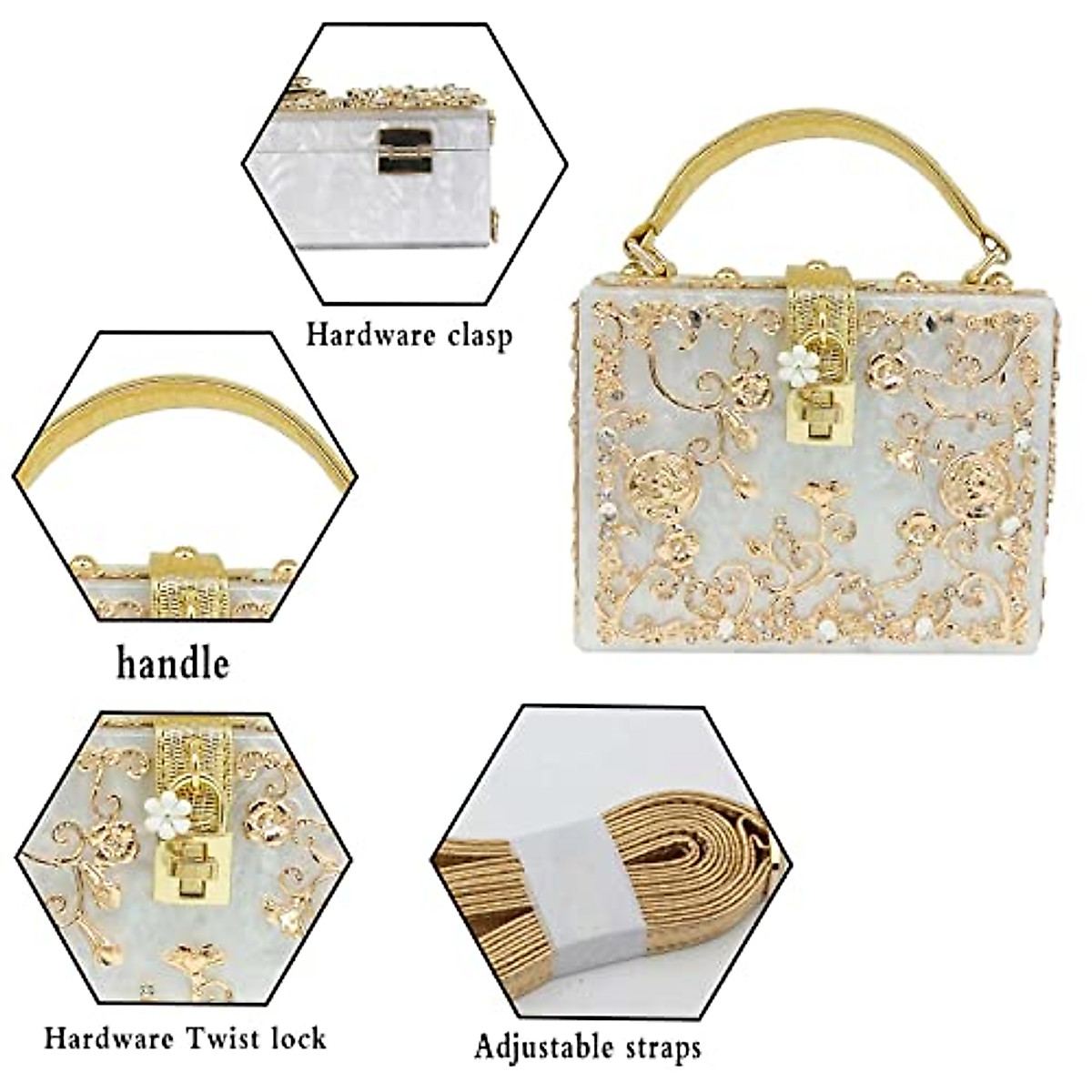 Women Acrylic Flower Purses and Handbags Ladies Rhinestones Evening Crossbody Shoulder Bag Top-Handle Tote Clutch Box Bag (White)