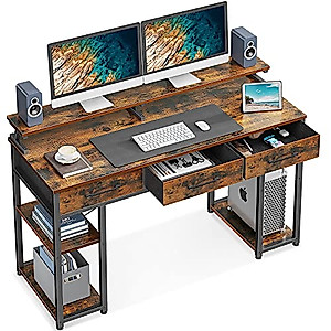 ODK Computer Desk with Drawers and Storage Shelves, 47 inch Home Office Desk with Monitor Stand, Modern Work Study Writing Table Desk for Small Spaces, Vintage