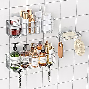 SMARTAKE Shower Caddy Bathroom Organizer with Soap Holder and 6 Hooks, Adhesive Shower Deep Basket Shelf Big Capacity, Rustproof 304 Stainless Steel Shower Rack Storage Shampoo for Bathroom 3 Pack